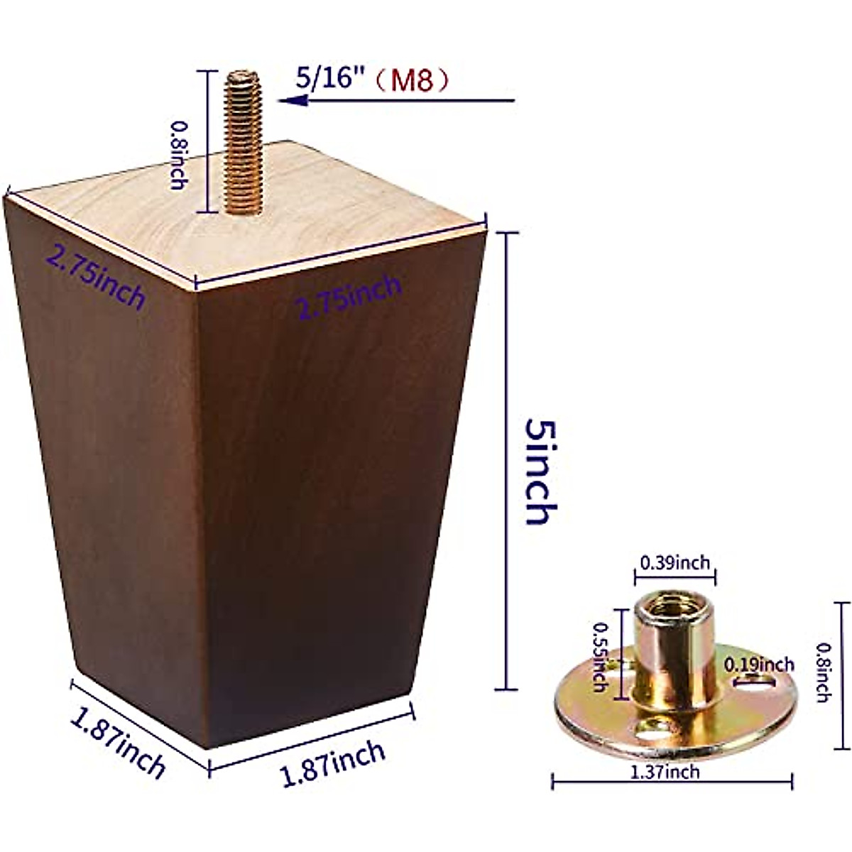Wood Furniture Legs 5 inch Sofa Legs Pack of 4 Square Brown Couch Legs ,Mid century chair feet,Sofa replacement parts, For Dresser legs Sideboard Recliner couch Circle chair Couch riser Coffee Table