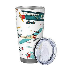 AYCZN Vintage Planes 20 OZ Tumbler Stainless Steel Travel Coffee Mug, Cartoon Aircraft Insulated Water Bottle with Lid and 2 StrawsLeakproof Thermal Cup