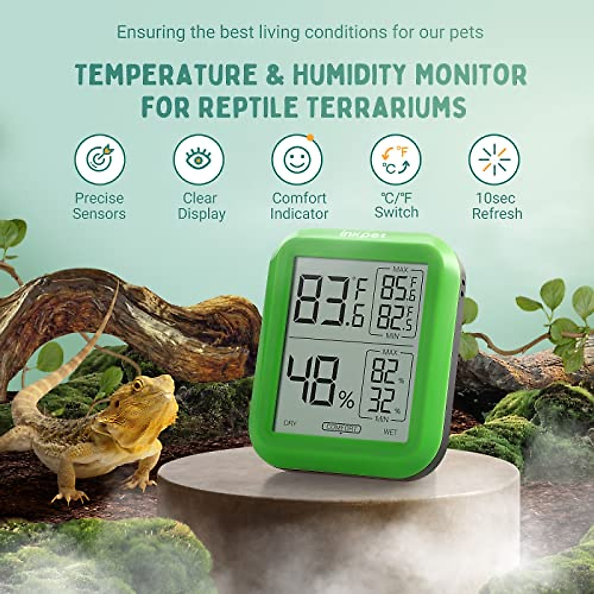 INKPET Reptile Terrarium Thermometer Hygrometer with Max/min Record Digital Display for Bearded Dragon Tank Accessories, Leopard Gecko, Tortoise Habitat, Crested Gecko TR-1A