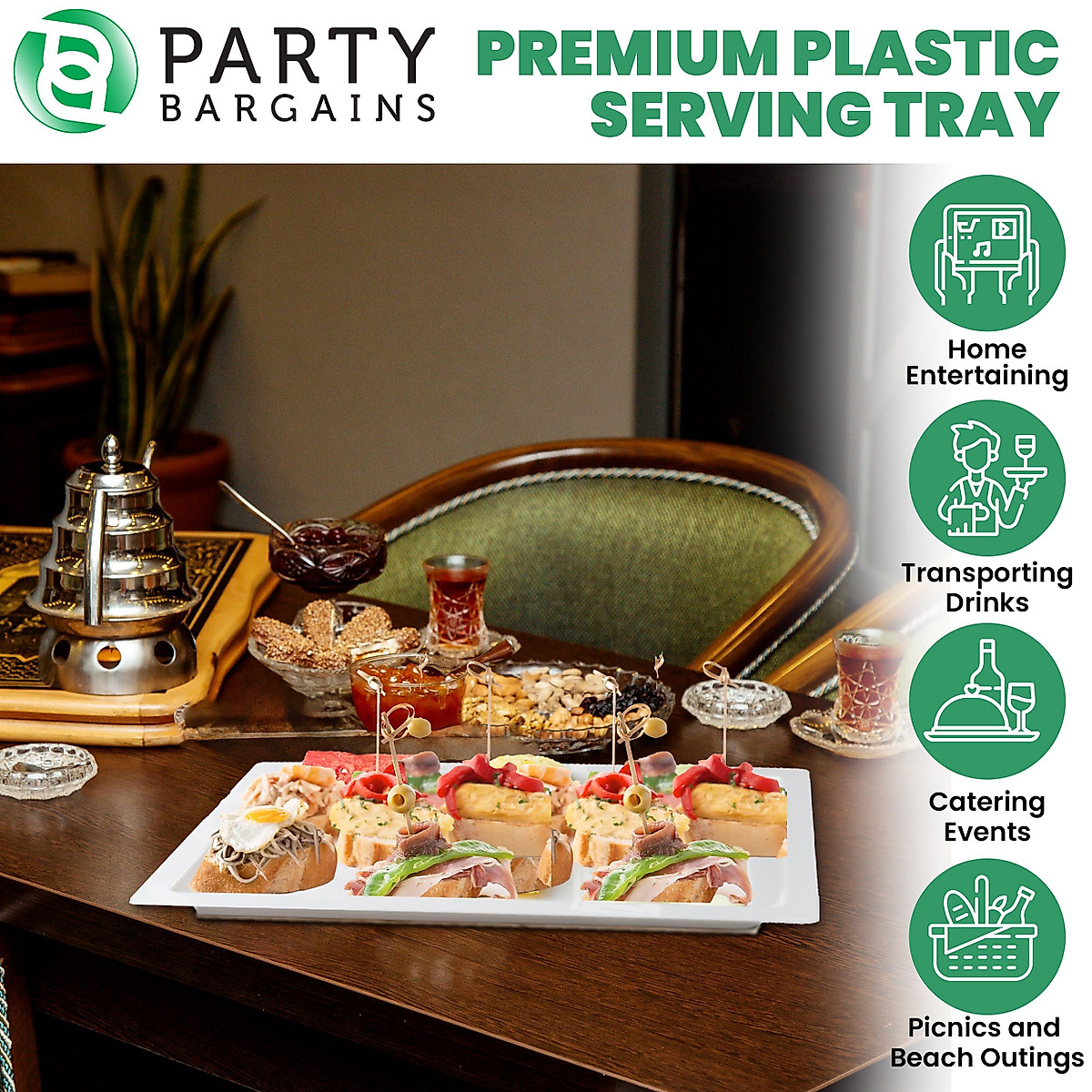 PARTY BARGAINS 16" x 11" Plastic Serving Trays - 4 Pack, Disposable White Plastic Trays, Excellent for Weddings, Buffets, Birthday Parties