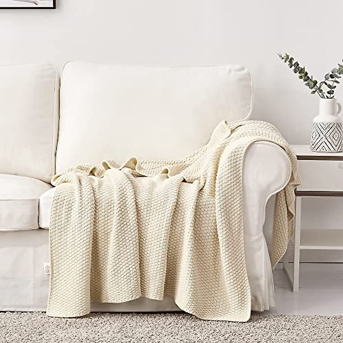 Longhui bedding Cream Knitted Throw Blanket for Couch, Soft, Cozy Machine Washable 100% Cotton Sofa Knit Blankets, Heavy 3.0lb Weight, 50 x 63 Inches, Beige Color