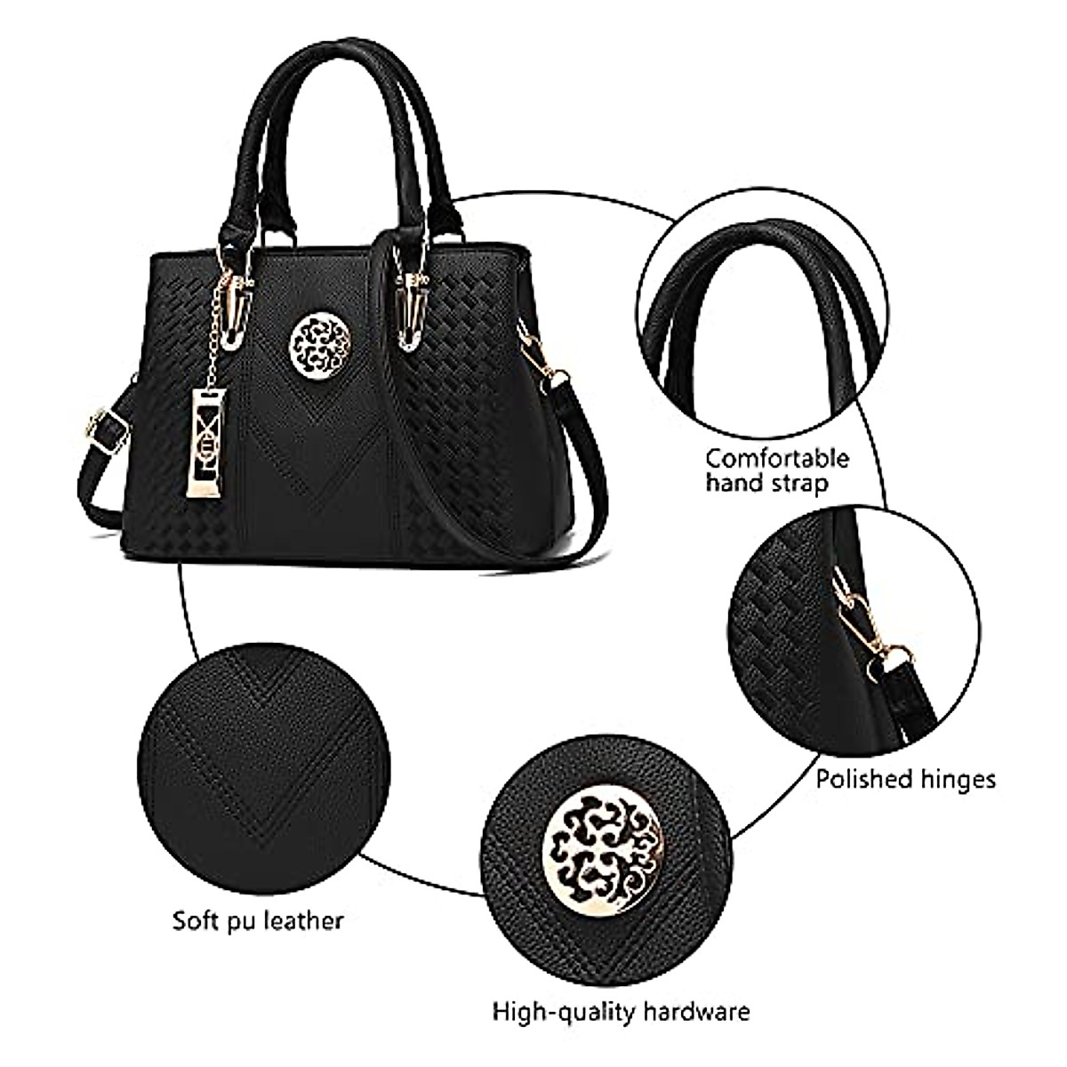 HUIUEITW Purses and Handbags for Women Fashion Ladies PU Leather Top Handle Satchel Shoulder Tote Bags (Black)