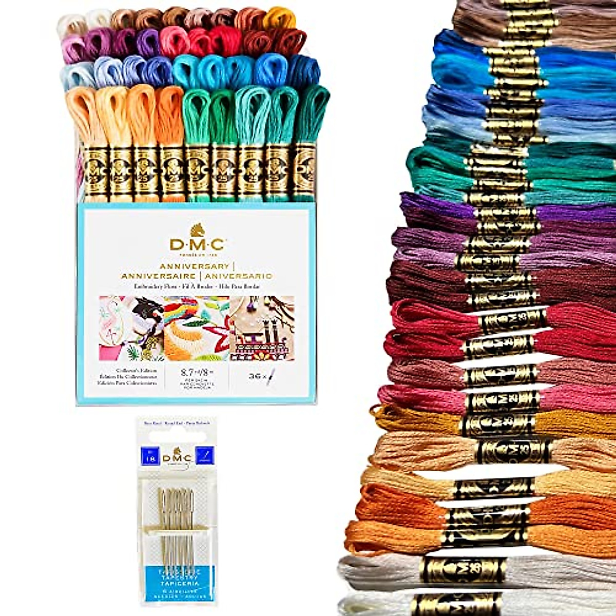 DMC Embroidery Floss, Anniversary Collection Pack. 36 Colors Cotton Embroidery Thread Bundle with Hand Embroidery Needle Size 18. Premium Cross Stitch String Set. Yarn Kit, DMC Mouline Threads.
