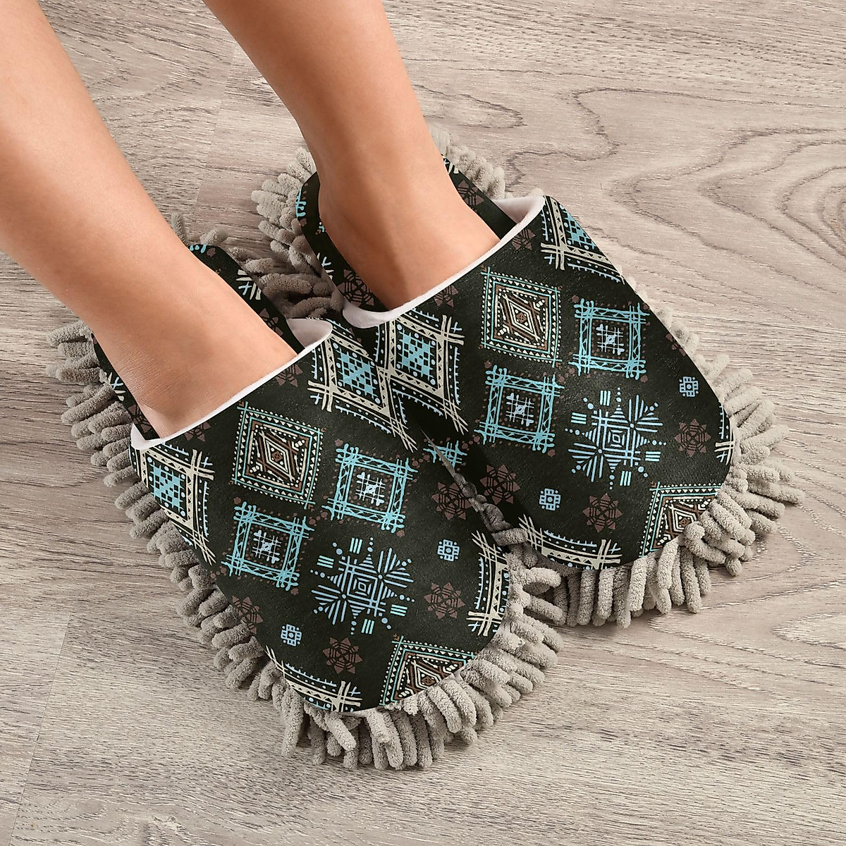 FLildon Microfiber Cleaning Slippers Bohemian Tile Washable Mop Shoes Slipper for Men/Women House Floor Dust Cleaner, Size L
