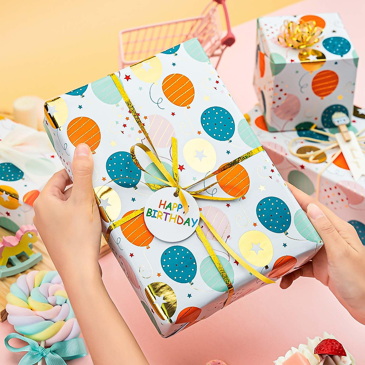 Retrify Birthday Wrapping Paper, Metallic Gold Gift Wrap Paper Roll, Colorful Balloon Cute Polka Dot Star Happy Birthday Design - 17 Inches x 32.8 Feet