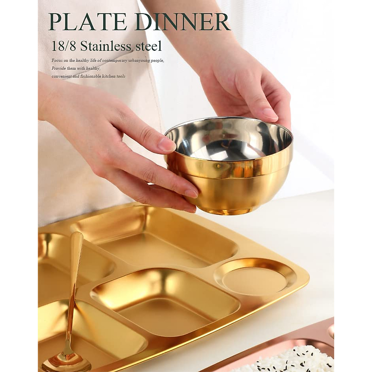 QOBIMOON 18/8 Stainless Steel Divided Plate, Food Trays 4 Section Dinner Plate with Bowl, Chosticks and Spoon, Camping Dishes, Adult Lunch and Dinner-Rainbow Color