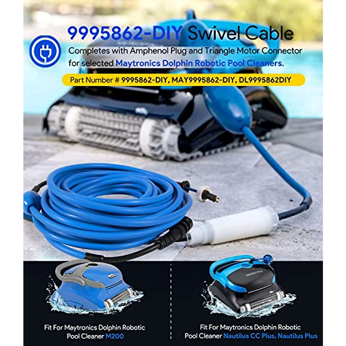9995862 DIY Swivel Cable 2 Wire, 18M, Replace for Dolphin Pool Cleaners M200, Nautilus CC Plus, Maytronics 9995862-DIY