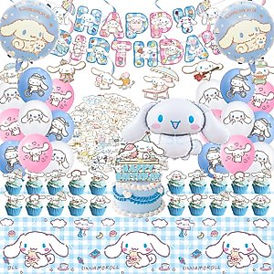 Cinnamoroll Birthday Decorations, 101PCS Party Supplies Set Include Banner, Balloons, Stickers, Hanging Swirls, Cake Cupcake Toppers, Tablecloth for Kids Cinnamoroll Theme Party