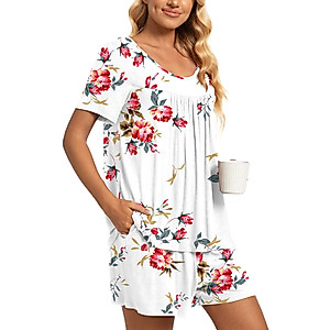 TAOHUADAO Womens Summer 2 Piece Pajama Sets, Short Sleeve Pleated Tunic Tops with Comfy Shorts, Lounge Sleepwear Ladies Pjs Sets with Pockets M, Floral White