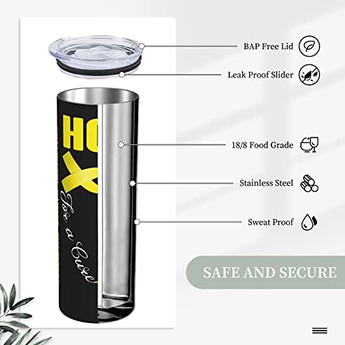 LIICHEES Hope For A Cure Childhood Cancer Awareness Stainless Steel Vacuum Insulated Tumbler 20oz Coffee Cups Travel Mug Water Cup with Leak-Proof Flip Lid Metal Straw Cleaning Brush