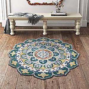 LR Home 4ft Round Indoor Natural Wool Area Rug for Home Decor | Carpet for Bedroom, Living Room, entryway, playroom | Hand Tufted Modern Farmhouse Boho Area Rug for Room Decor | Multi/Teal/Yellow