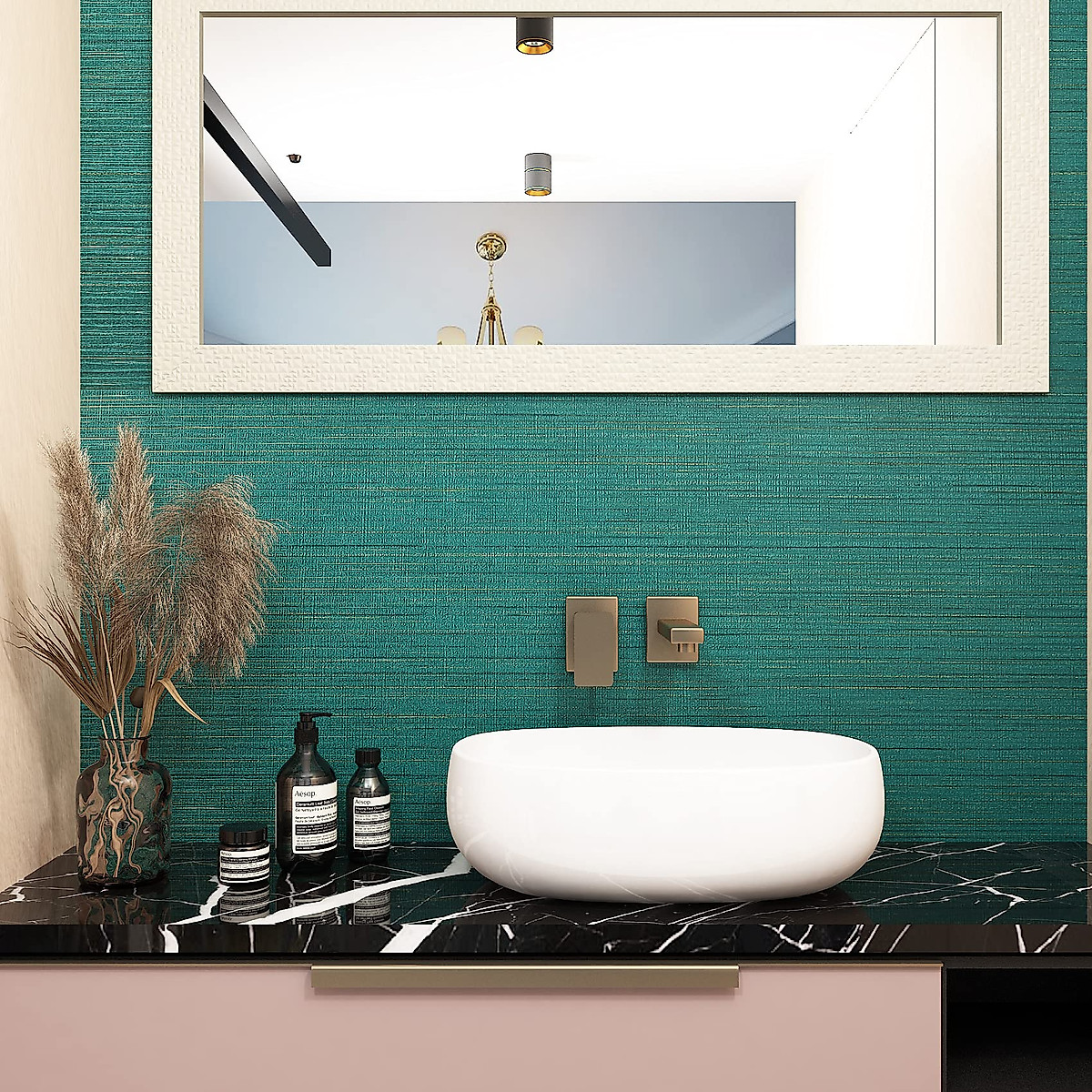 FunStick Teal Green Grasscloth Wallpaper Peel and Stick Textured Fabric Linen Wallpaper Self Adhesive Faux Grasscloth Contact Paper for Room Walls Cabinets Furniture Drawers Desk Removable 15.8"x78.8"