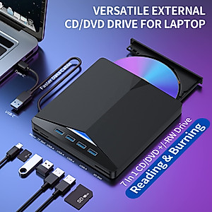 External CD/DVD Drive for Laptop, 7 in 1 USB 3.0 DVD Player Portable CD/DVD Burner, CD ROM External DVD Drive for Laptop Compatible with Laptop Desktop PC Windows 11/10/8/7 Linux Mac OS (Jet Black)