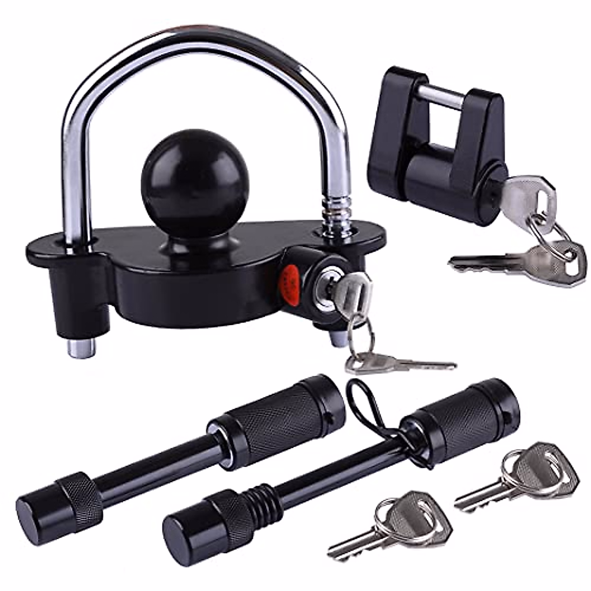 WHSSFINE Trailer Lock Kit Keyed Alike Tongue and Hitch Pin Lock with 5/8 and 1/2 Inch Pins Fit Class I II III IV V Receiver to Secure Trailer for Towing and Storage (4 Pack)
