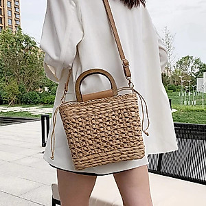 QUUL Summer Women Tote Bags Handbags Purses Weave Drawstring Closure Wooden Handle Beach Shoulder Bag