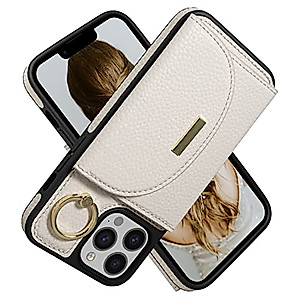 Keallce Case for iPhone 13 Pro Max 6.7'' 2021, Flip Wallet Case with Card Slots, Ring Stand Holder Kickstand, Folio Leather Protective Phone Cover for Women Compatible with iPhone 13 Pro Max 5G, Beige