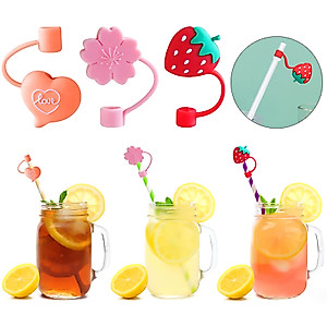 6 PCS Straw Covers Cap with 6 Reusable Drinking Straws,6-8mm Cute Flowers Fruit Straw Toppers for Normal Cup Silicone Straw Tip Covers Kawaii Drinking Dust-Proof Straw Plugs