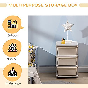 Qaba 3 Tier Kids Storage Unit Dresser Tower with Drawers Chest Toy Organizer for Bedroom Nursery Kindergarten Living Room for Boys Girls Toddlers, Cream White