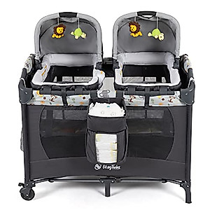 Okaytwins Twin Bassinet & Full-Size Infant Bassinet & Playard for Baby, Includes 2 Removable Rock-A-Bye Portable Bassinets with Storage Bags, Gray
