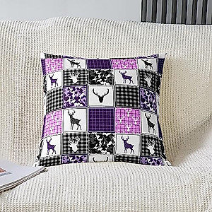 Set of 2 Camo Deer Throw Pillow Covers 20x20 Inch, Buffalo Check Pillow Covers for Girls, Patchwork Geometric Plaid Purple Gray Farmhouse Boho Xmas Camouflage Antlers Moose Elk Cushion Cases