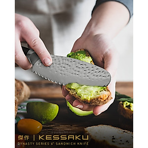 KESSAKU Spreader Sandwich Serrated Utility Knife - 6 inch - Dynasty Series - Razor Sharp Kitchen Knife - Forged ThyssenKrupp German High Carbon Stainless Steel - Hammered Finish - G10 Garolite Handle