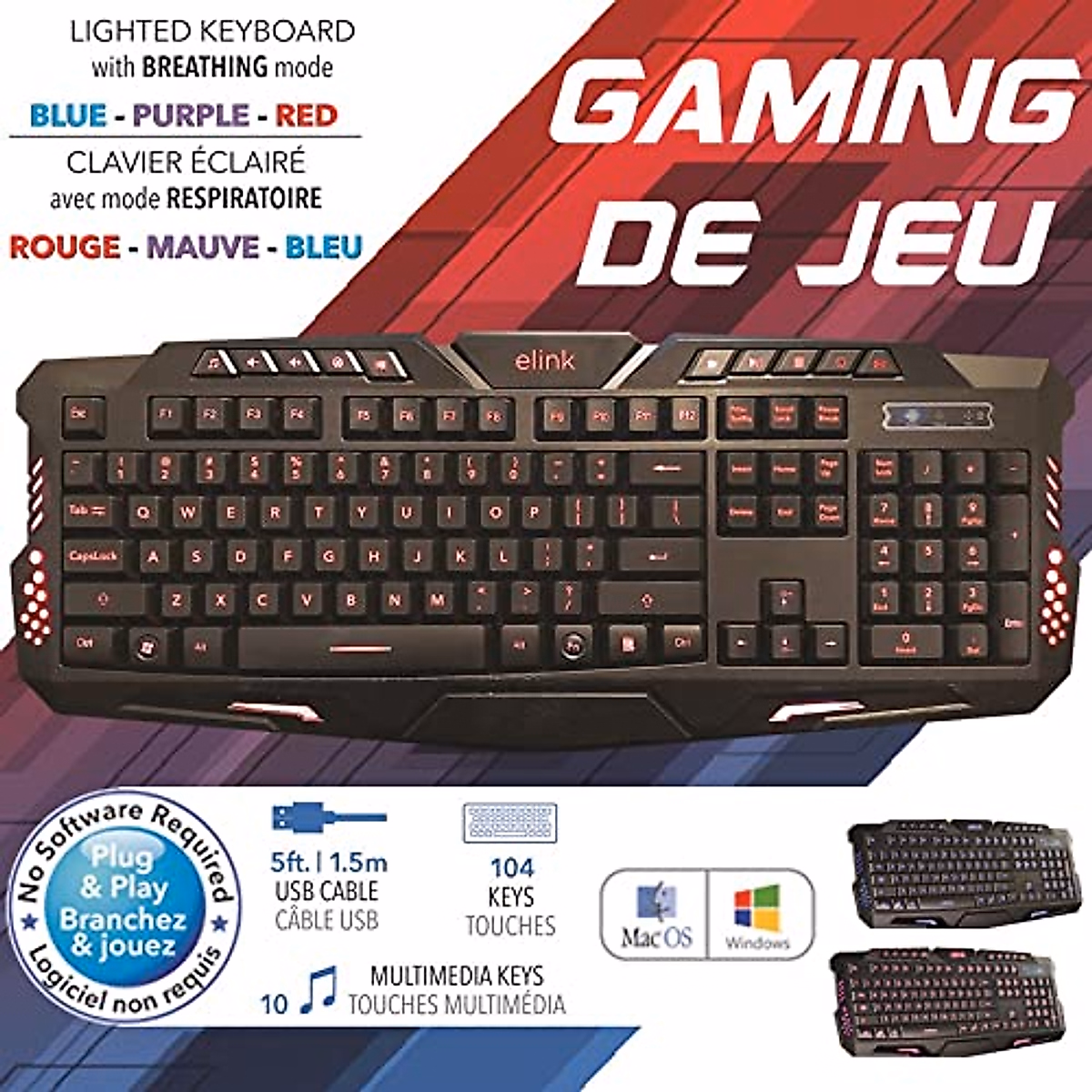 Elink - 104 Key USB Gaming Keyboard, 5 Feet Cable, Blue, Red or Purple Backlight