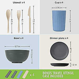 AR Kitchen Wheat Straw Dinnerware Set - 28-Pcs Unbreakable Dinnerware Set with Plates, Bowls, Cutlery, Drinking Cups - Eco-Friendly Natural Wheat Straw - Non-BPA Food-Grade Microwave-Safe Dinnerware