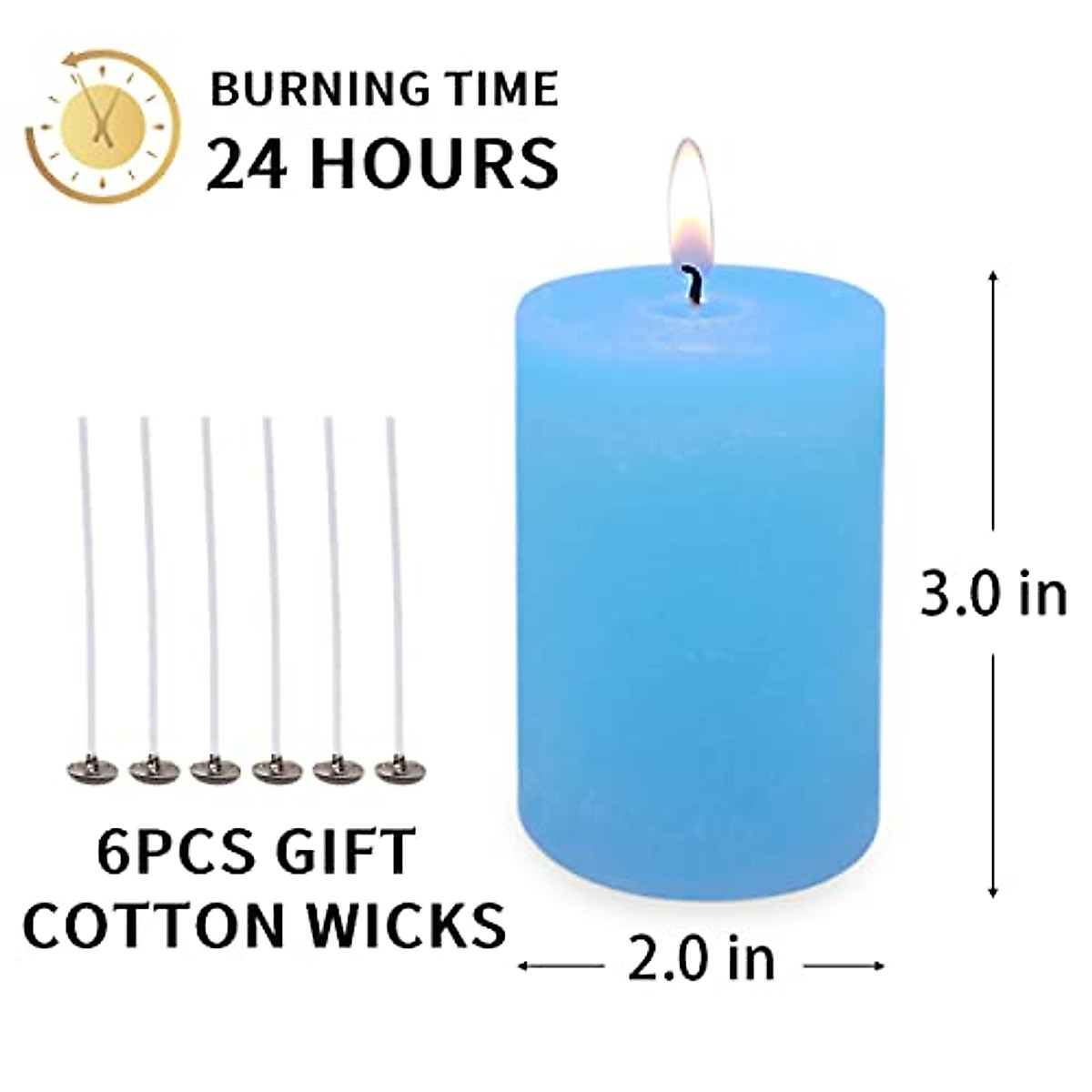 MISSYO 12 Pack 2x3 Inch Light-Blue Pillar Candles, 24 Hours Dripless Smokeless Unscented Candles for Home Weddings Restaurant Spa Church