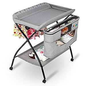 JOYMOR Portable Diaper Changing Station,Folding Baby Changing Table for Infant, Moblie Diaper Changing Table with Wheels, Large Storage Basket ＆ Shelf Portable Nursery Organizer (Grey)