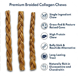 Scouts Essentials - 12” Premium Braided Collagen Chews 1 Pound 100% Natural Pure Grass-Fed Beef Single Source Treat Long Lasting Aggressive Dog Chewers Medium Large Dogs Muscle Growth