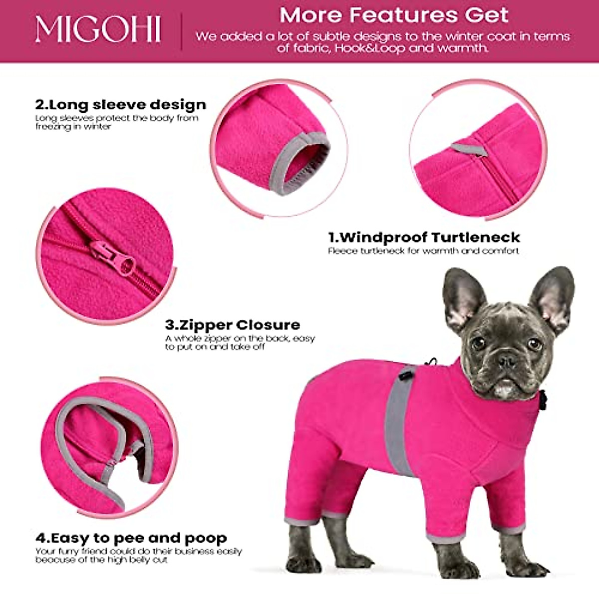 MIGOHI Small Dog Coat, Full Body Winter Dog Sweater with Legs, Turtleneck Warm Dog Pajamas Fleece Pjs Comfy Pullover for Small Medium Dogs, Zip Up Dog Onesie Jammies Pet Apparel Jumpsuit for Puppy