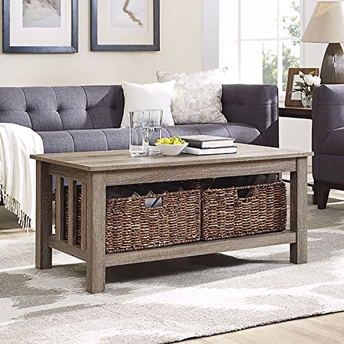 Walker Edison Alayna Mission Style Two Tier Coffee Table with Rattan Storage Baskets, 40 Inch, Driftwood