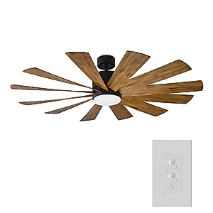 Windflower Smart Indoor and Outdoor 12-Blade Ceiling Fan 60in Matte Black Distressed Koa with 3000K LED Light Kit and Wall Control works with Alexa, Google Assistant, Samsung Things, and iOS or Android App