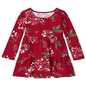 The Children's Place Long Sleeve Floral Print Knit Tiered Dress,CLASSICRED,6-9MONTHS