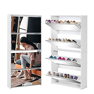Shoe Storage Cabinet for Entryway Slim, White Wood Shoe Rack Organizer with 4 Flip Mirror Drawers, Freestanding Modern Narrow Shoes Storage Cabinet, Apartment, Living Room