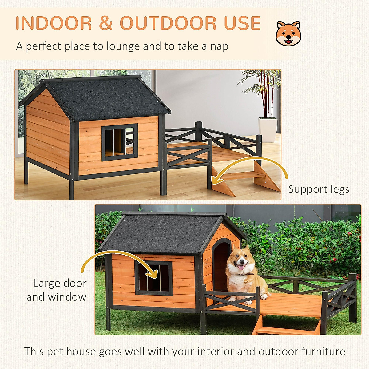 PawHut Wooden Dog House with Porch, Outside Dog House with Water-Resistant Asphalt Roof, Ladders, Fencing, Window, for Small and Medium Dogs, Natural