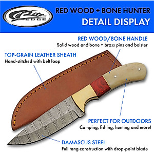 SZCO Supplies 9" Bone/Red Wood Handle Damascus Steel Outdoor Hunting Knife With Sheath
