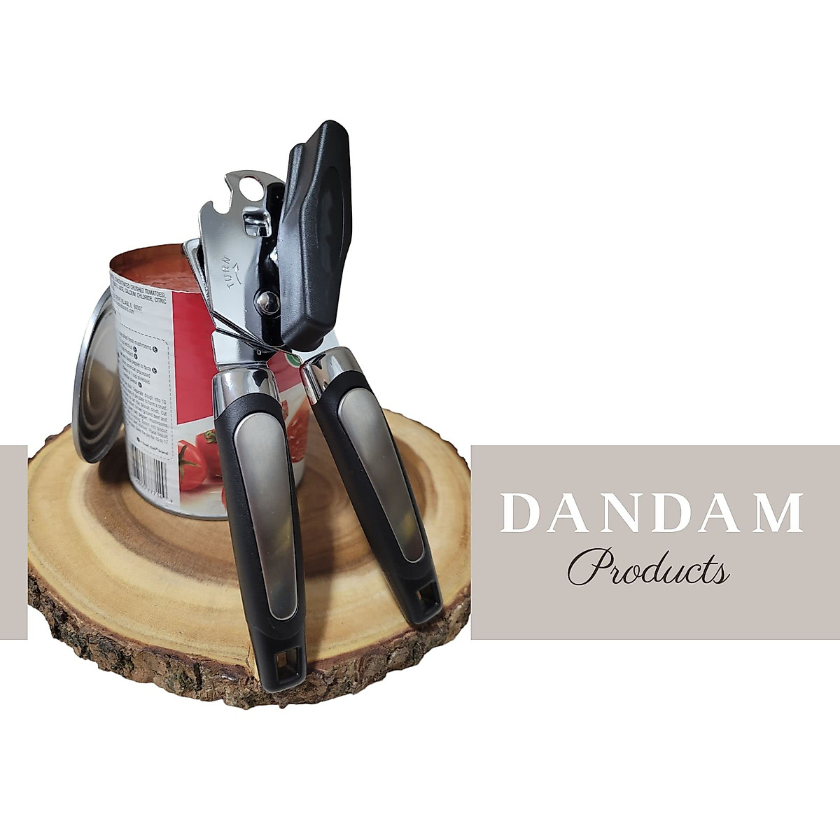 DanDam Manual Can Opener, Tin Cutter Kitchen, No Sharp Edge, Comfortable Soft Handle, Easy to Use Turn Knob, Durable Can Opener, Includes Built in Bottle Opener, Best Can Opener, Black