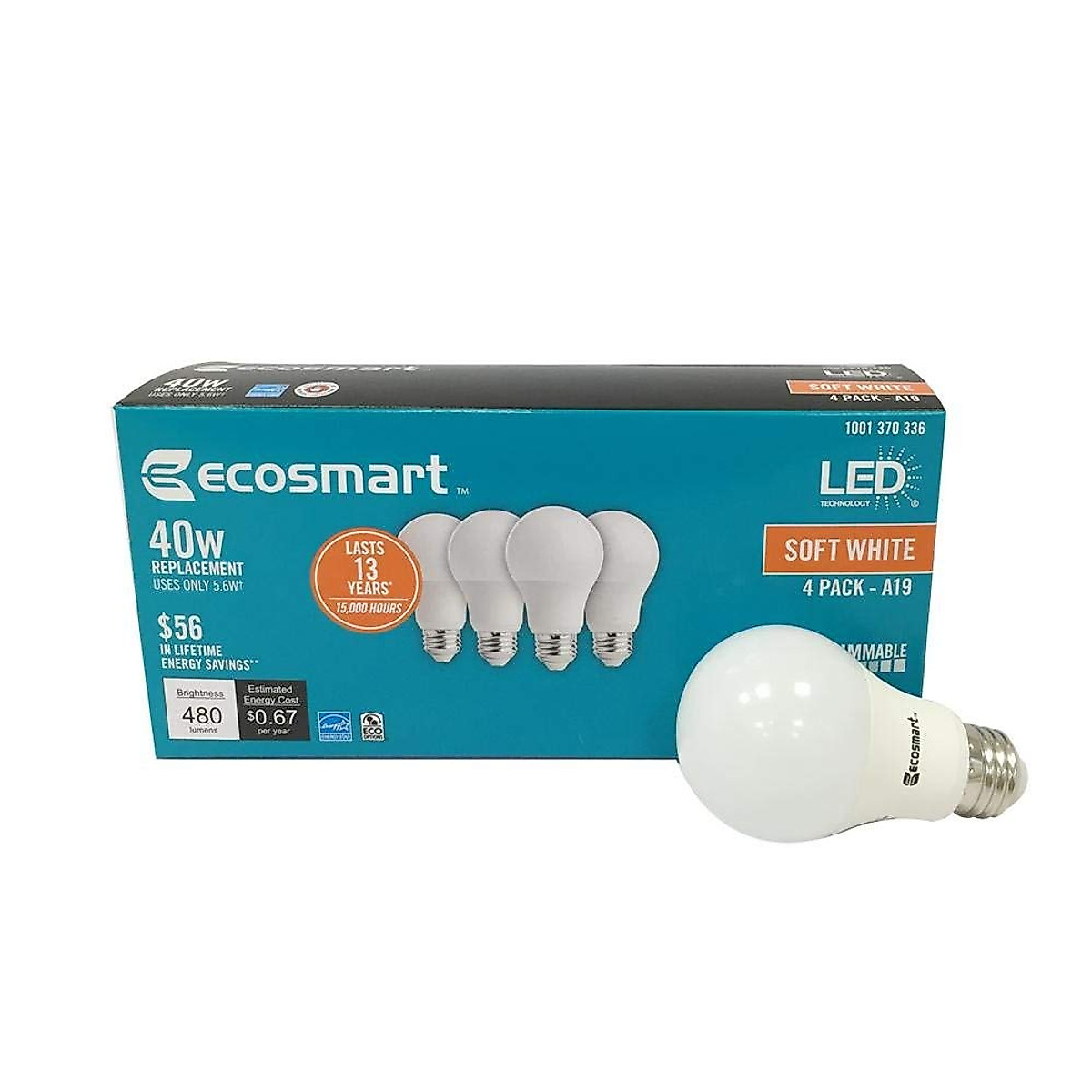 EcoSmart A19 A460ST-Q1D-01 40W Equivalent Dimmable LED Light Bulb, Soft White, (Pack of 4)