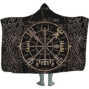 Viking 3D Printing Hooded Blanket Keeps Warm And Soft Vegvisir Fenrir Wolf Totem Unisex Winter Wearable Hooded Blanket Double Thick Plush Wool Blanket ( Color : Blanket , Size : 50x60in/130x150cm )