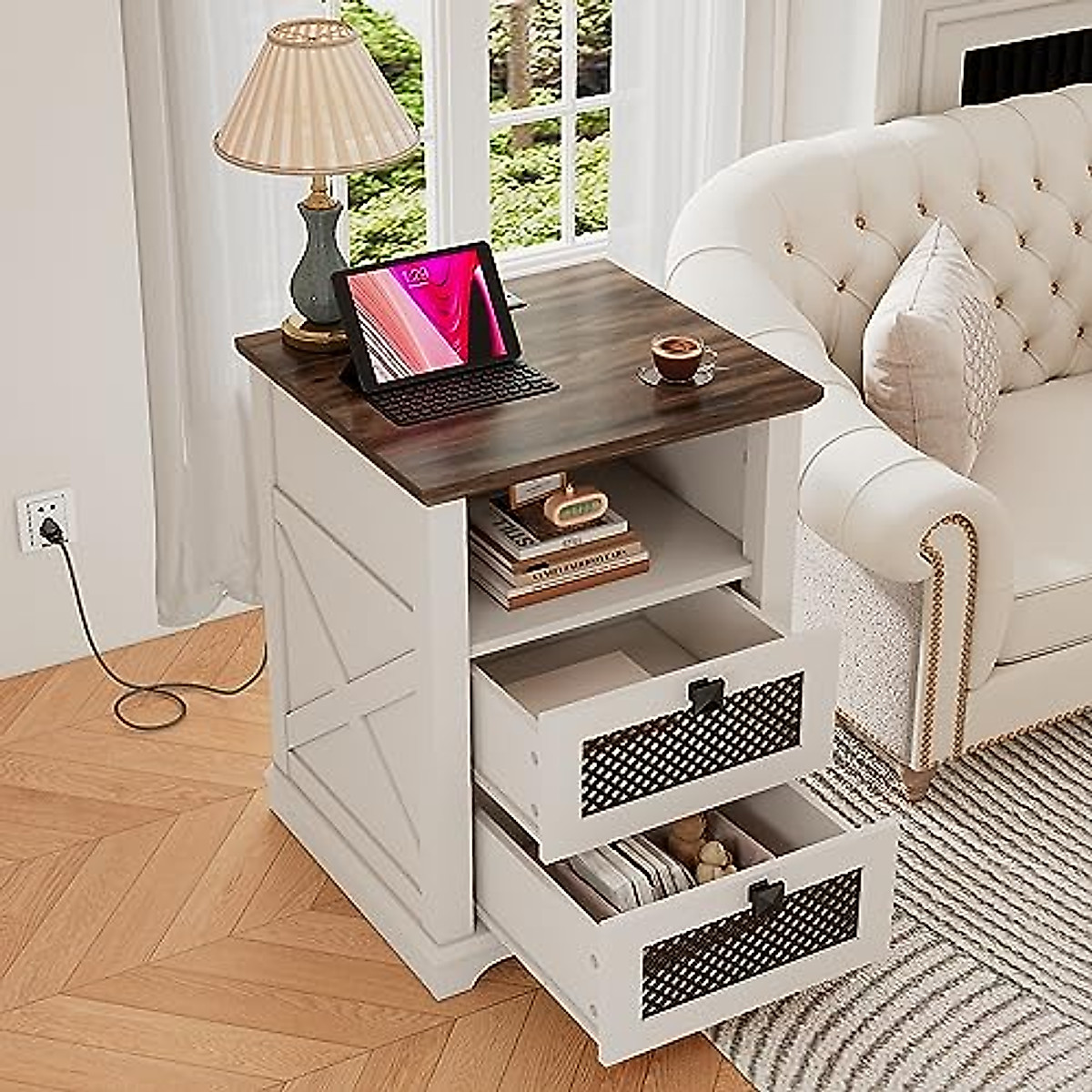 LDTTCUK Nightstand with Charging Station, End Table with 2 Drawers & Open Storage,Sofa Side Table with Mesh Drawers, Farmhouse Design Bedside Table for Living Room, Bedroom, White