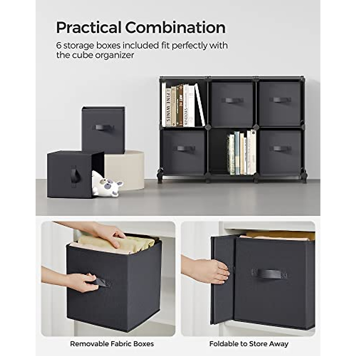 SONGMICS Cube Storage Organizer with Storage Boxes, 6-Cube Organizer, 6 Collapsible Non-Woven Fabric Bins, Customizable Shape, Bedroom, Living Room, Space-Saving, Black and Gray ULPC062B01