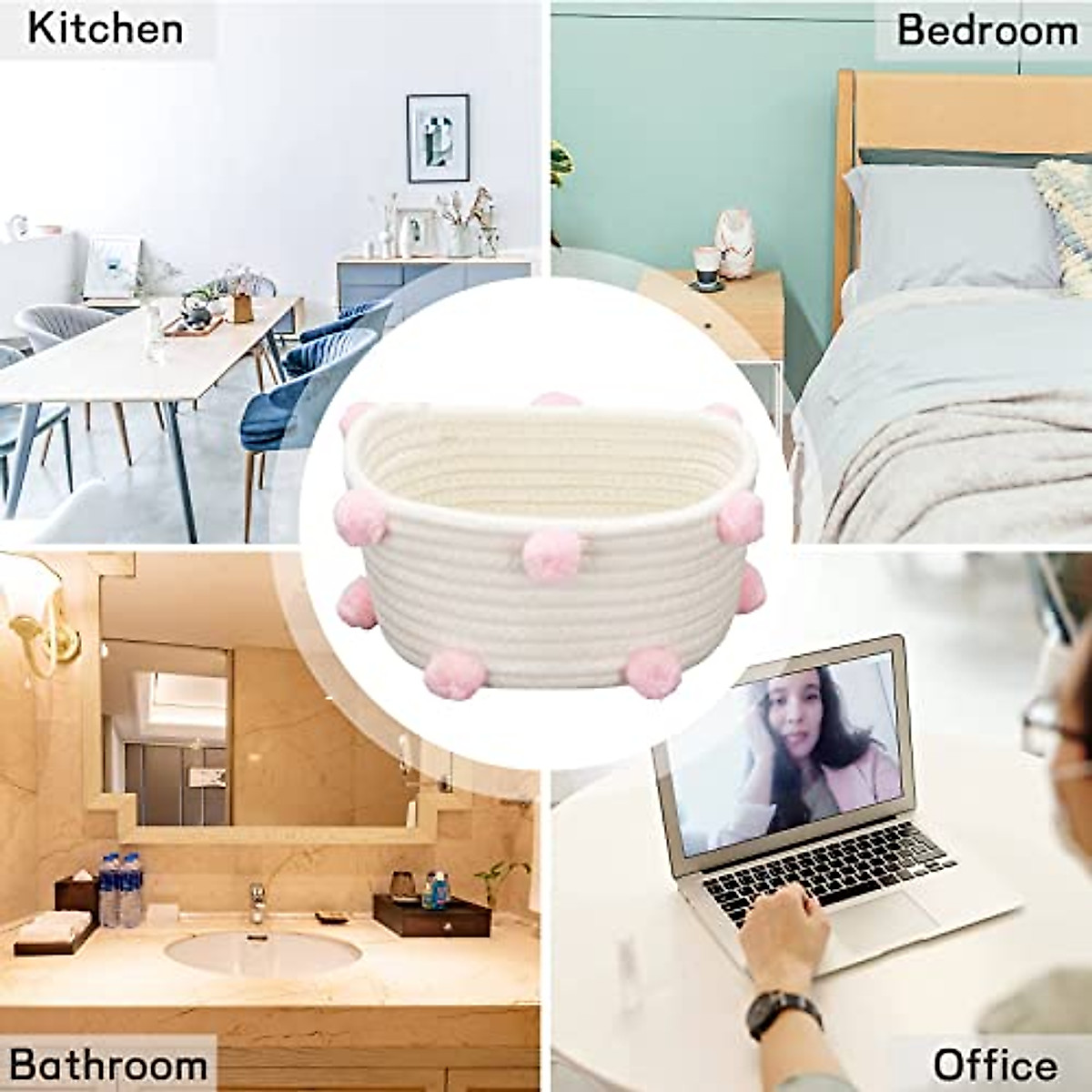 putyEosu Cotton Woven Basket Cute Pompom Decor Sundries Finishing Box Nordic Cosmetic Toys Organizer S