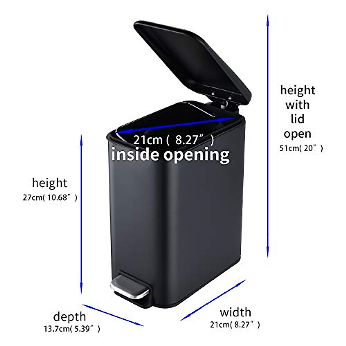 HILFA 5 Liter/ 1.3 Gallon Compact Stainless Steel Rectangular Step Trash can, Bathroom Trash can, Kitchen Trash can,Matte Black,SB3200-MB