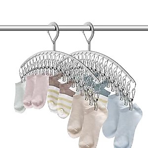 Laundry Sock Drying Rack with 20 Clips Windproof Drying Rack Multi-Purpose Stainless Steel Clothespins, ZNREUHATravel Camping Dryer Hanger for Socks, Gloves, Hat, Baby Clothes (2 Pack)