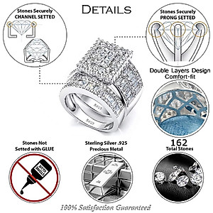 Square CZ Engagement Ring/Wedding Band Bridal Set for Women/Wide Baguette and Round Multi Cut Stones Statement 925s Ring Size 7