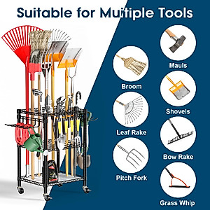 Roxibelt T1 Garden Tool Organizer（With Lockable Wheels）Heavy Duty Garage Tool Storage for Yard，Shed，Outdoor and Lawn，Freestanding Tool Organizers and Storage UP to 50 Tools，Black with Anti-Tip Device
