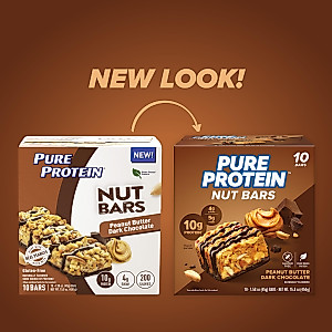 Pure Protein Nut Bars, Peanut Butter Dark Chocolate, 10g Protein, Gluten Free, Low Sugar, 1.65 oz, 10 Pack (Packaging may vary)