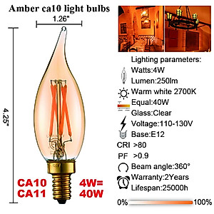 LiteHistory Dimmable 4W 2200K Amber CA10 led Bulb E12 Candelabra led 250lm, Warm White, 40W Flame tip 6Pack