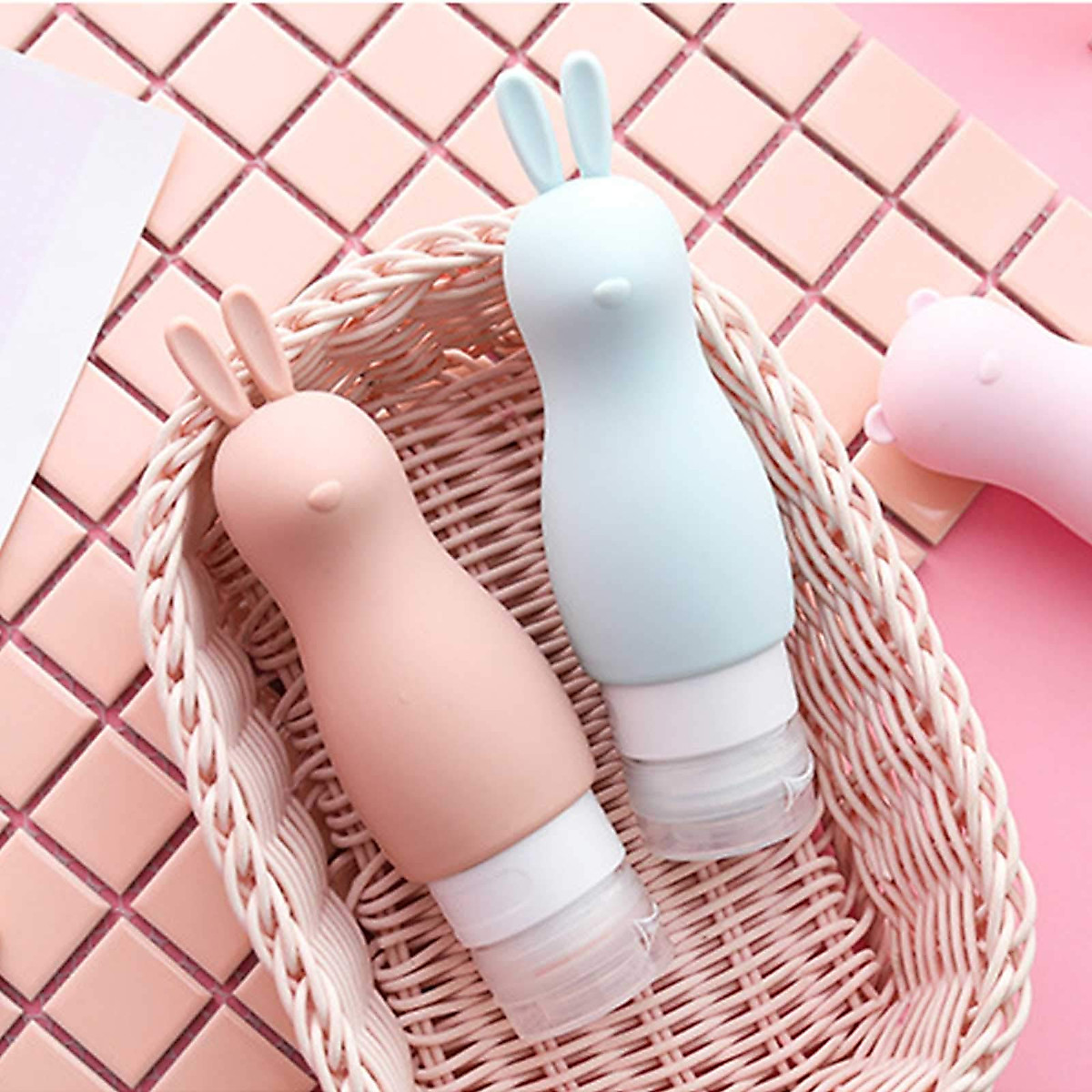 Cute Travel Bottles, 3oz (90ml) Portable Cute Bear and Rabbit Travel Size Bottles, Leakproof Soft Silicone Travel Containers for Lotions and Creams, Shampoo, Conditioner, Liquids